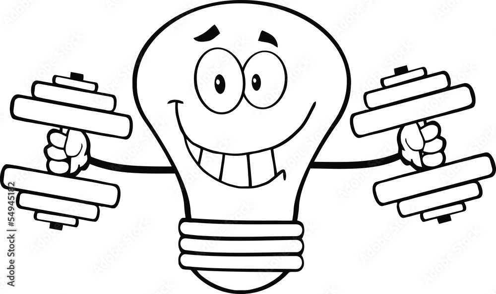 Outlined Light Bulb Cartoon Character Training With Dumbbells Stock ...