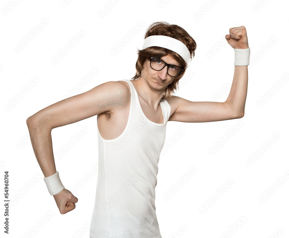 Funny retro nerd flexing muscle Stock Photo | Adobe Stock