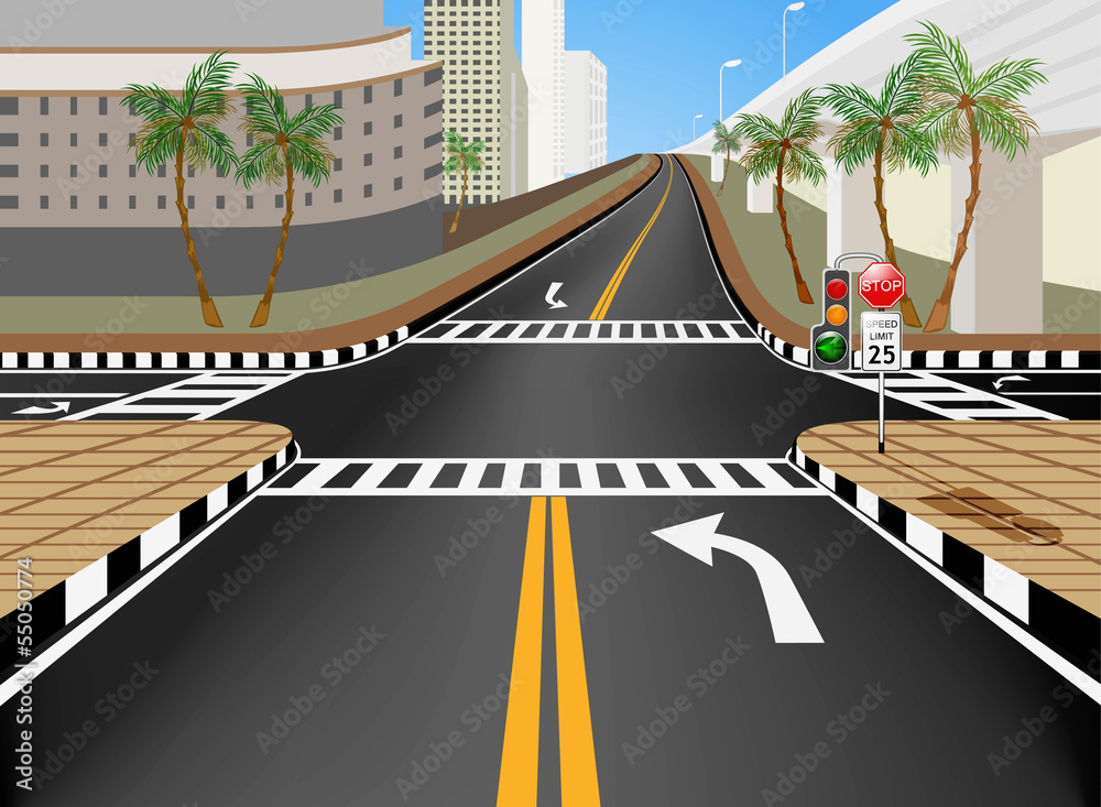 Traffic intersection in the city vector cartoon background Stock Vector ...