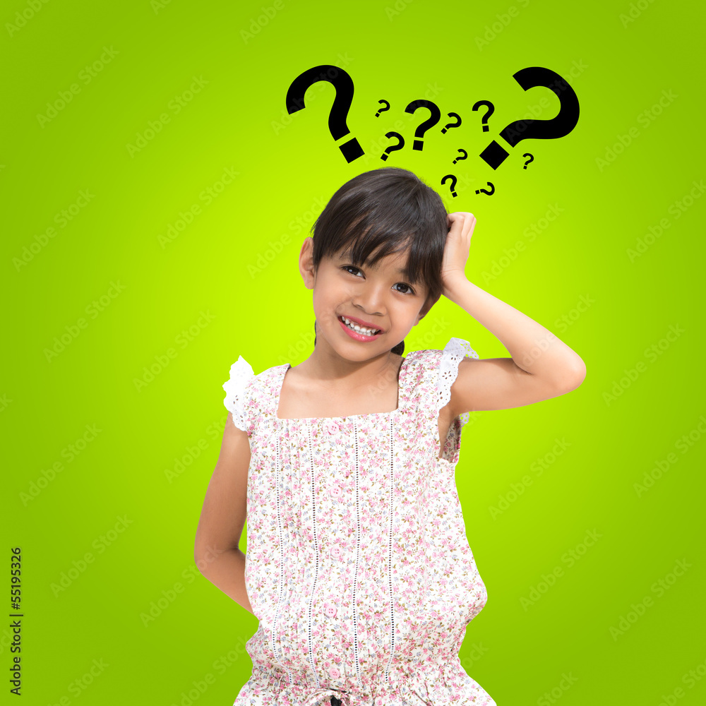 Thinking little girl with question mark Stock Photo | Adobe Stock
