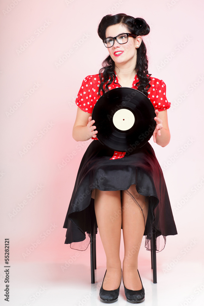 phonography analogue record Girl pin-up retro music lover Stock Photo ...