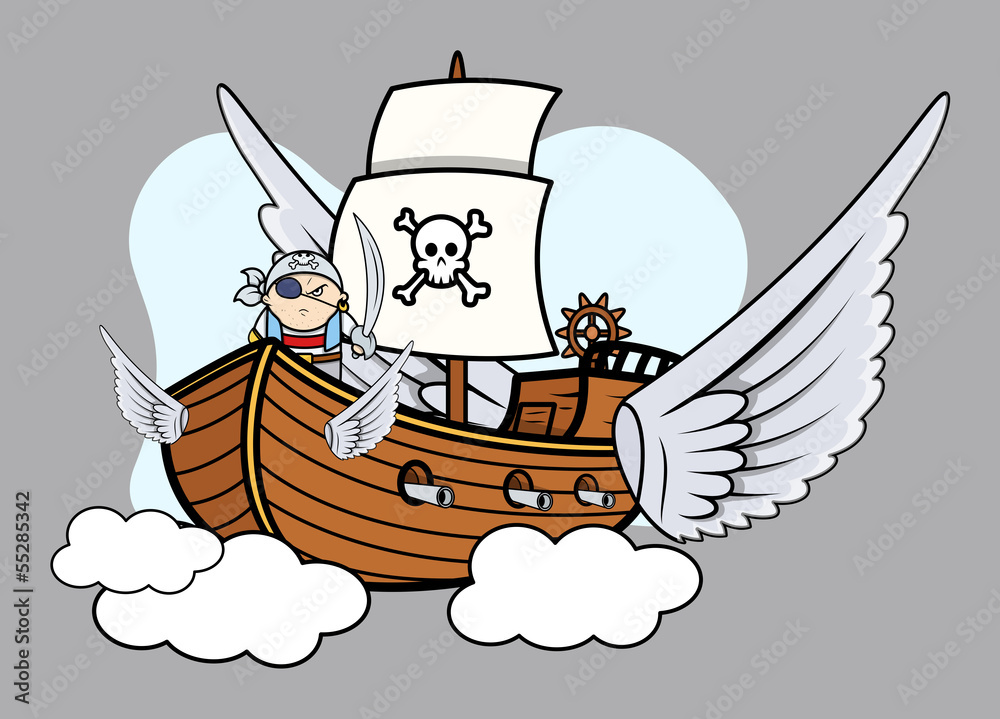 Flying Pirate Ship - Vector Cartoon Illustration Stock Vector | Adobe Stock