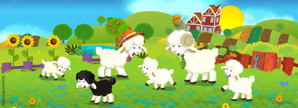 Cartoon illustration with sheep family on the farm Stock Illustration ...