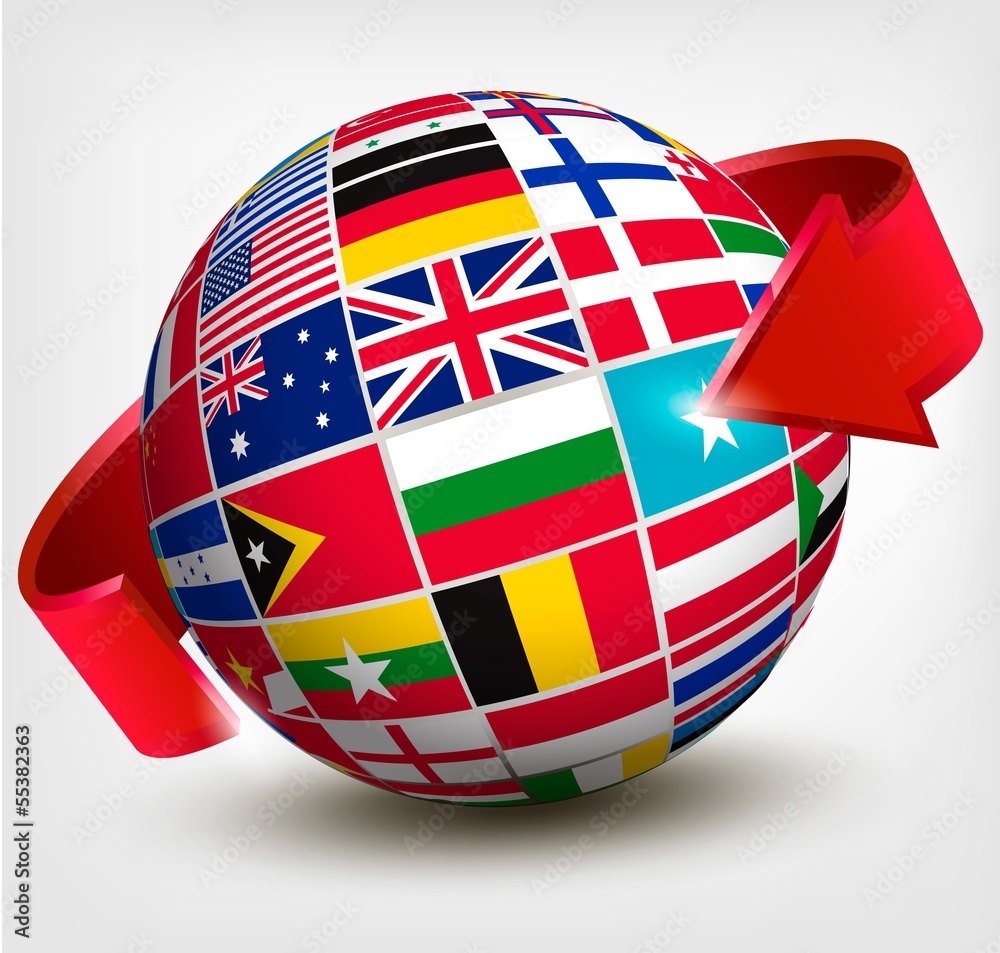 Flags of the world in globe with an arrow. Vector illustration. Stock ...