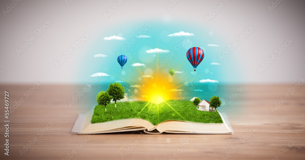 Open book with green nature world coming out of its pages Stock Photo ...