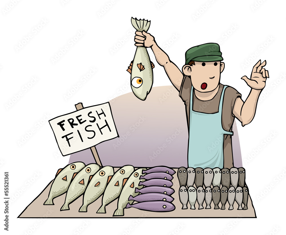 cartoon fish seller, holding a fish Stock Vector | Adobe Stock