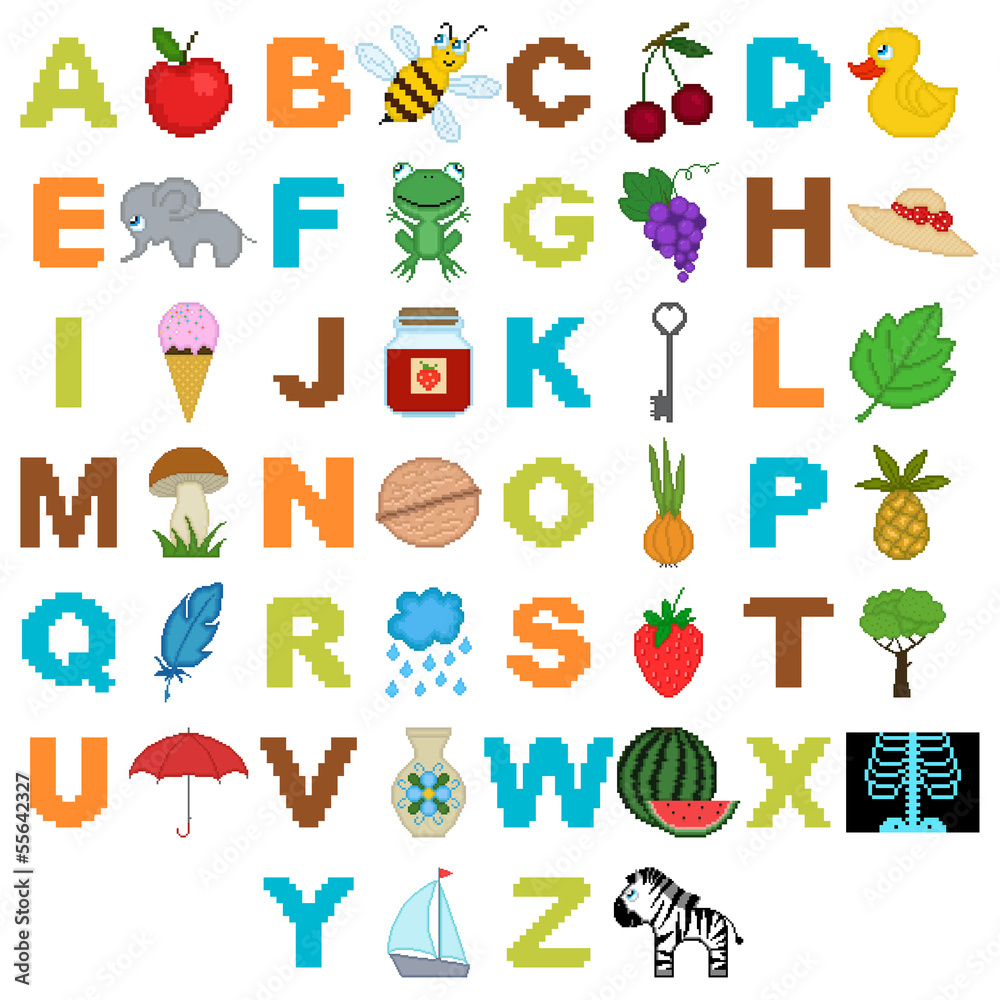 Сhildren's alphabet with pictures in the style of pixel art Stock ...