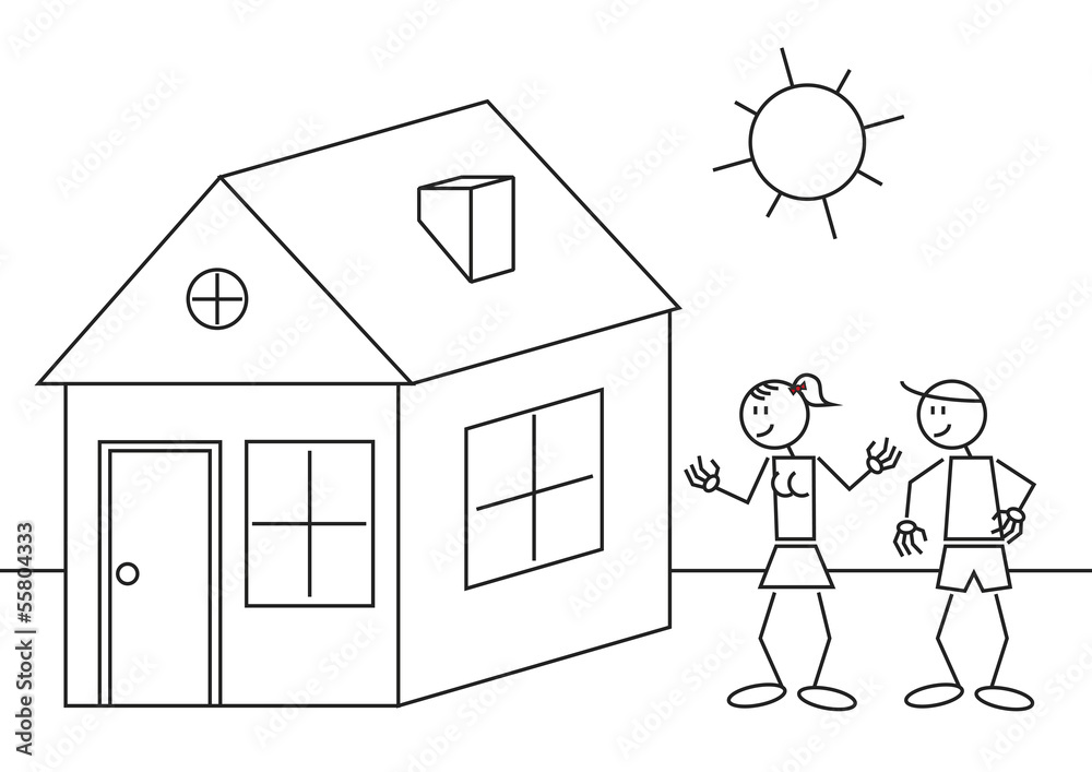 Stick figures house Stock Vector | Adobe Stock