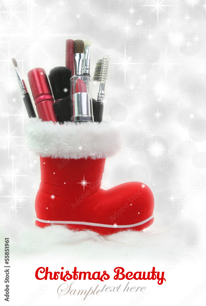 Santa Claus boot stuffed with woman cosmetics Stock Photo | Adobe Stock