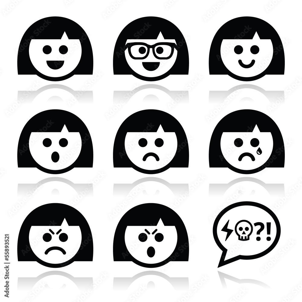 Smiley girl or woman faces, avatar vector icons set Stock Vector ...