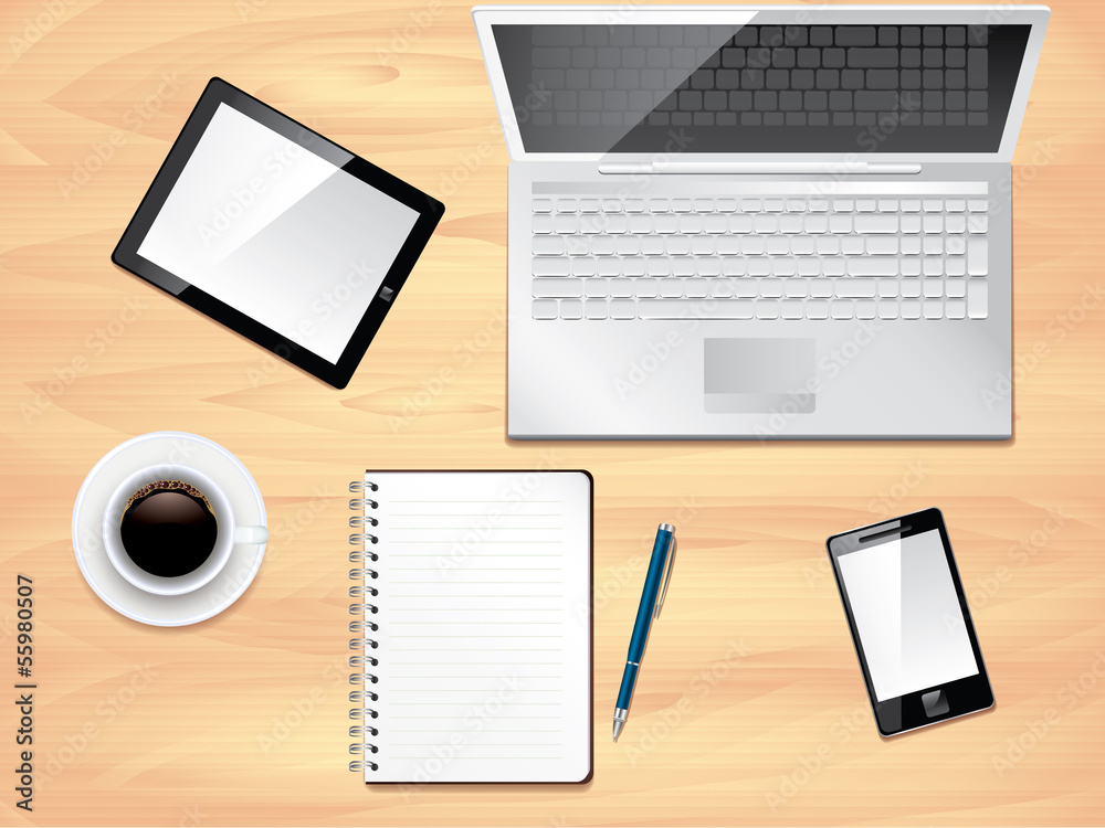 Office desk top view, photo realistic vector Stock Vector | Adobe Stock