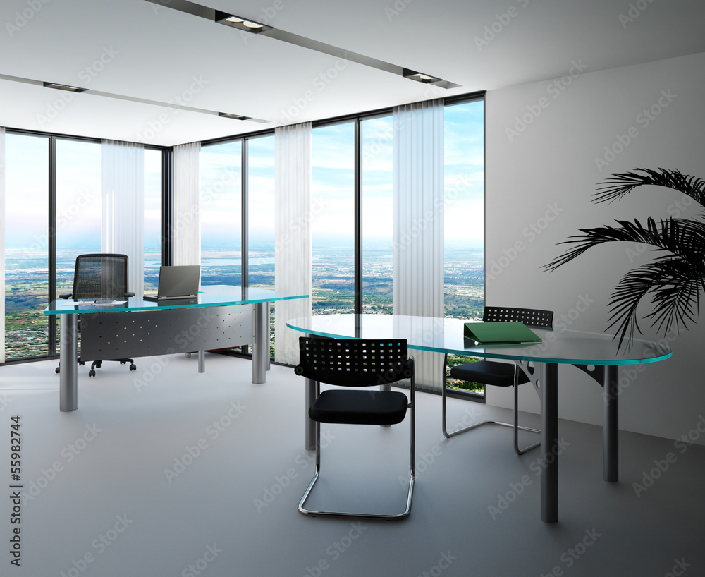 Modern office interior with huge windows with panoramic view Stock ...