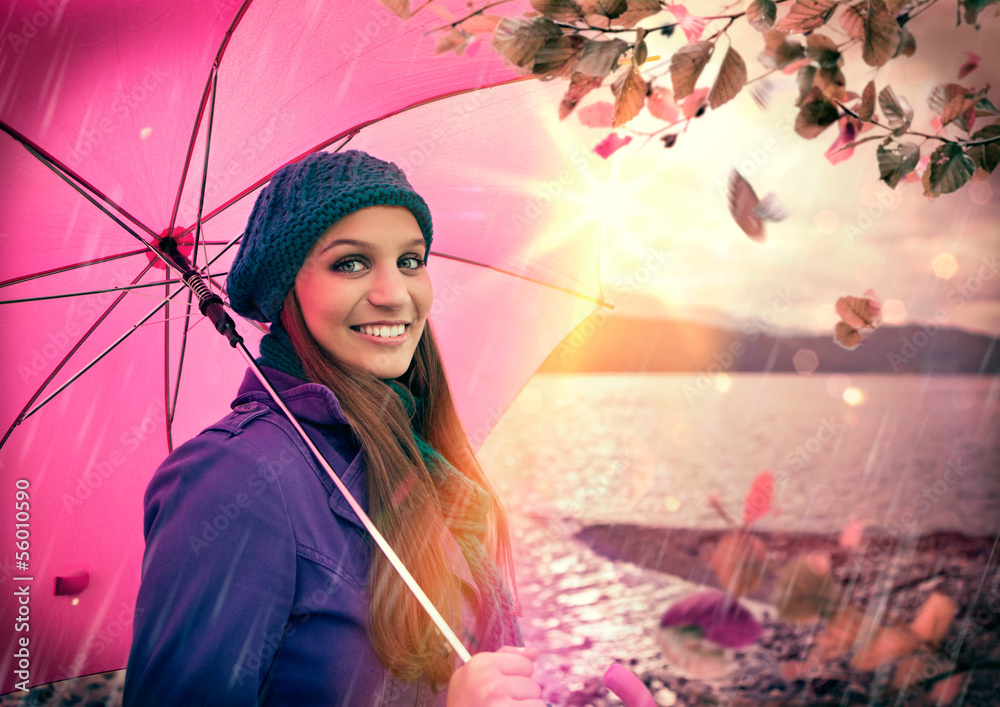 Mädchen mit Schirm im Regen / pink umbrella 02 Stock-Foto | Adobe Stock
