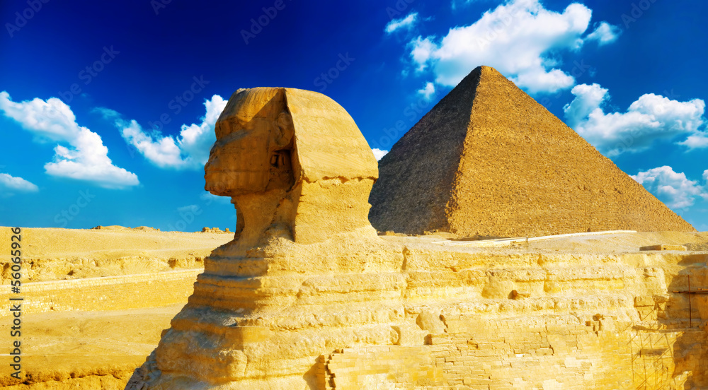 Great Pyramid of Pharaoh Khufu, located at Giza and the Sphinx. Stock ...