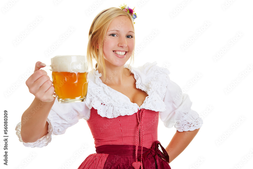 Frau im Dirndl mit einem Krug Bier Stock Photo | Adobe Stock