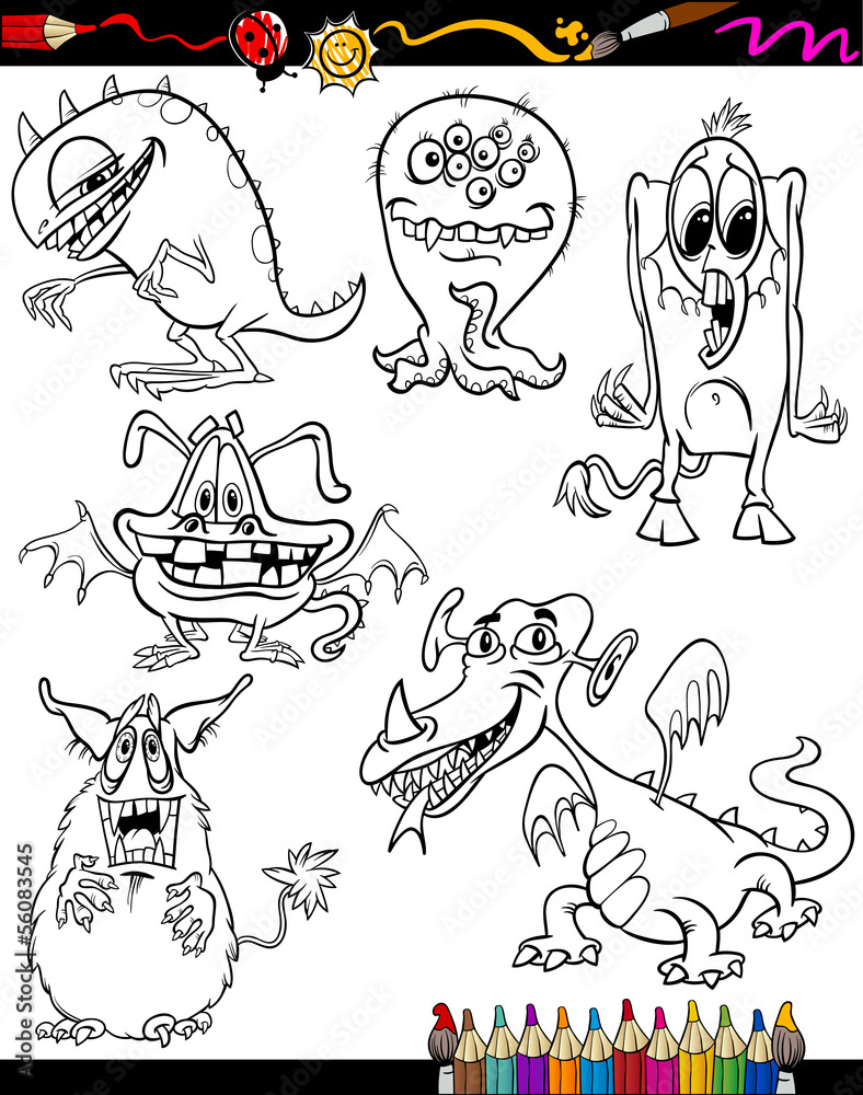 Monsters Cartoon Set for coloring book Stock Vector | Adobe Stock