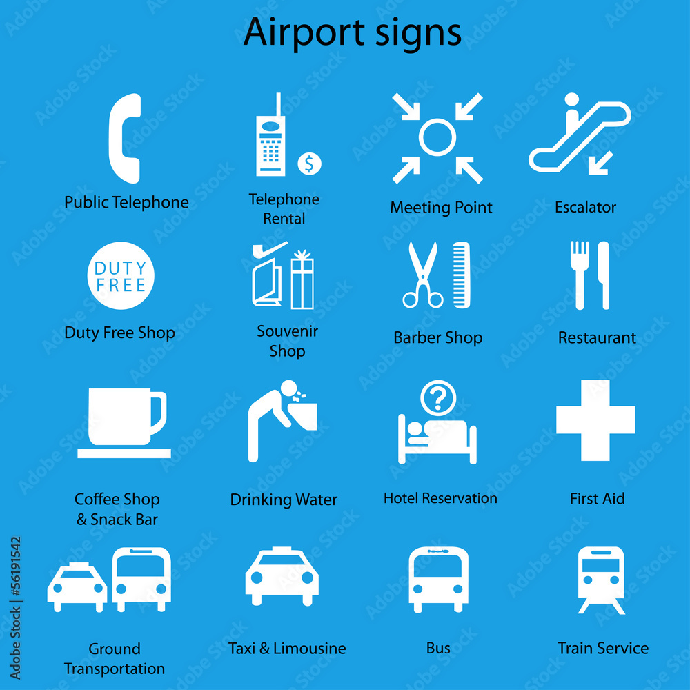 Set of airport signs and symbols vector on blue Stock Vector | Adobe Stock
