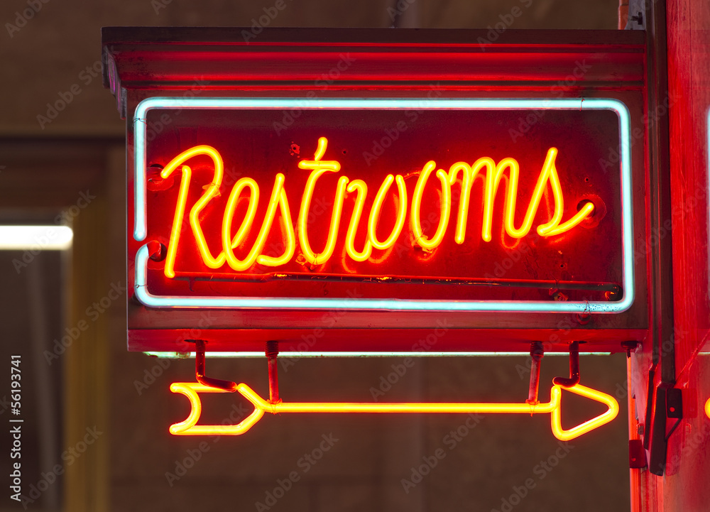 Red Neon Restrooms Sign Indoor Signage Arrow Pointing Stock Photo ...