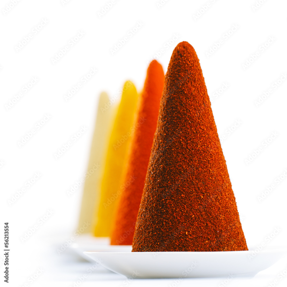 ground spices on white background chilli, paprika, tumeric and g Stock ...