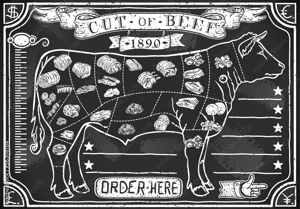 Chalk Charcoal Crayon Hand Drawing Vector Graphic Butchery Blackboard ...