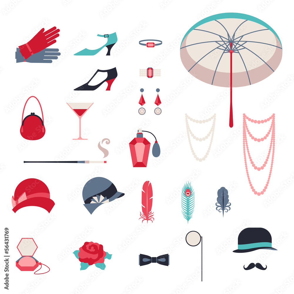 Retro personal accessories, icons and objects of 1920s style. Stock ...