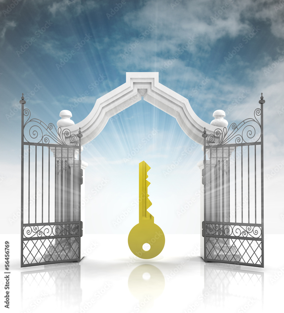 open baroque gate with golden key and sky Stock Illustration | Adobe Stock