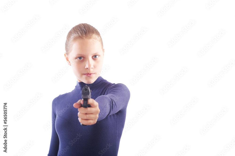 Cute teen girl with gun isolated on white Stock Photo | Adobe Stock