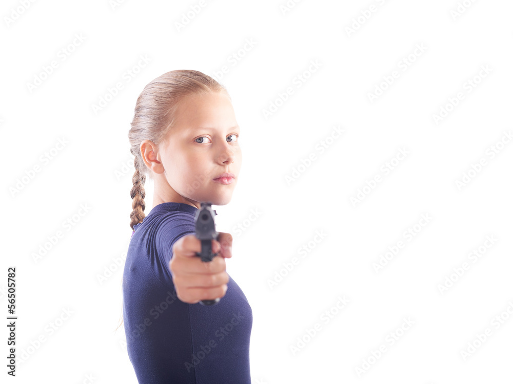Cute teen girl with gun isolated on white Stock Photo | Adobe Stock