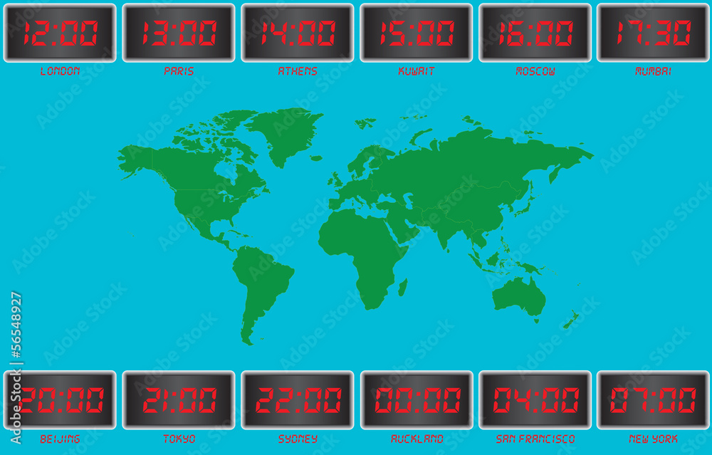 World Time Zones on Digital Clocks and World Map Stock Vector | Adobe Stock