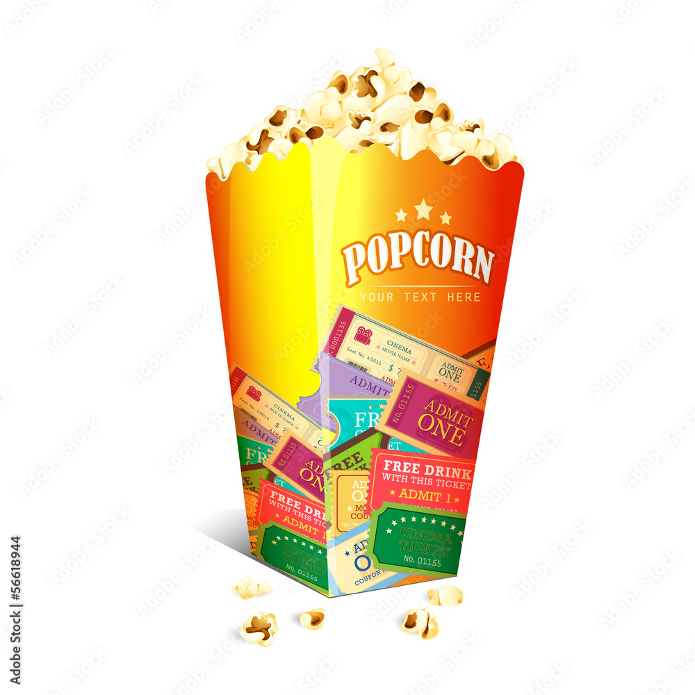 vector illustration of Movie Ticket printed on Popcorn box Stock Vector ...