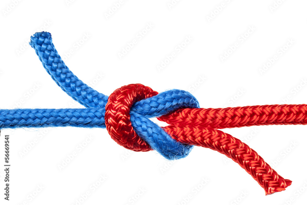 Knoten Verbindung rotes und blaues Seil Stock-Foto | Adobe Stock