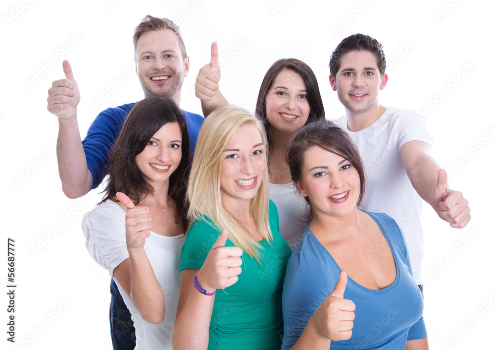 Gruppe junge Leute isoliert mit Daumen lachend als Team Stock-Foto ...