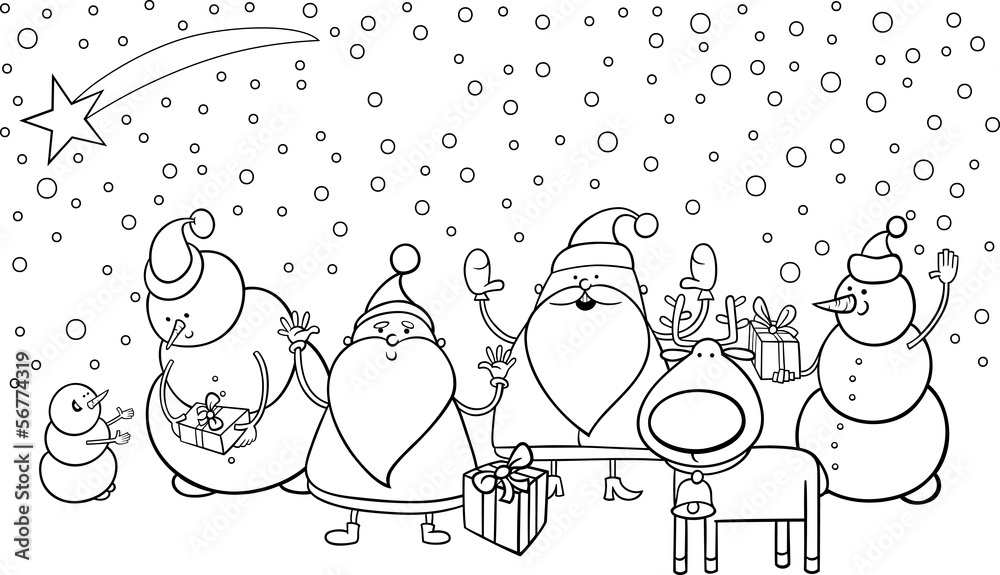 christmas characters coloring page Stock Vector | Adobe Stock