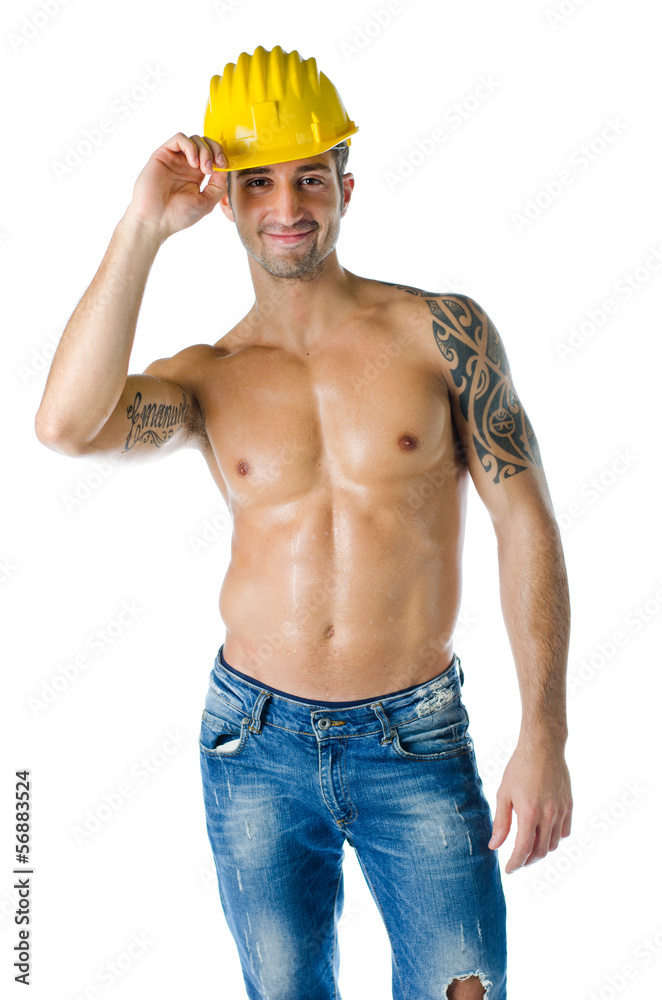 Handsome Muscular Construction Worker Smiling And Shirtless Stock