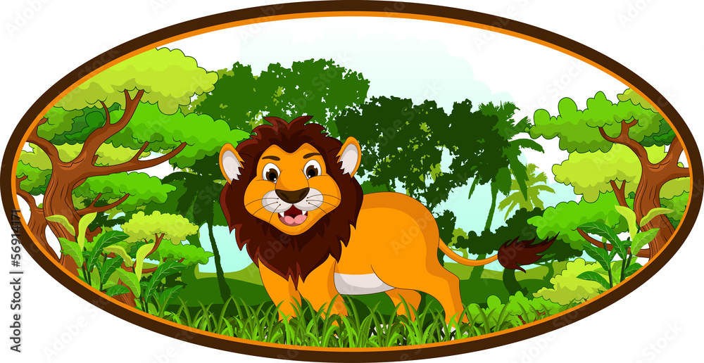 cute lion cartoon with forest background Stock Vector | Adobe Stock