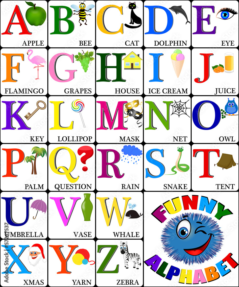 Funny alphabet with pictures for children, ALL LETTERS Stock Vector ...
