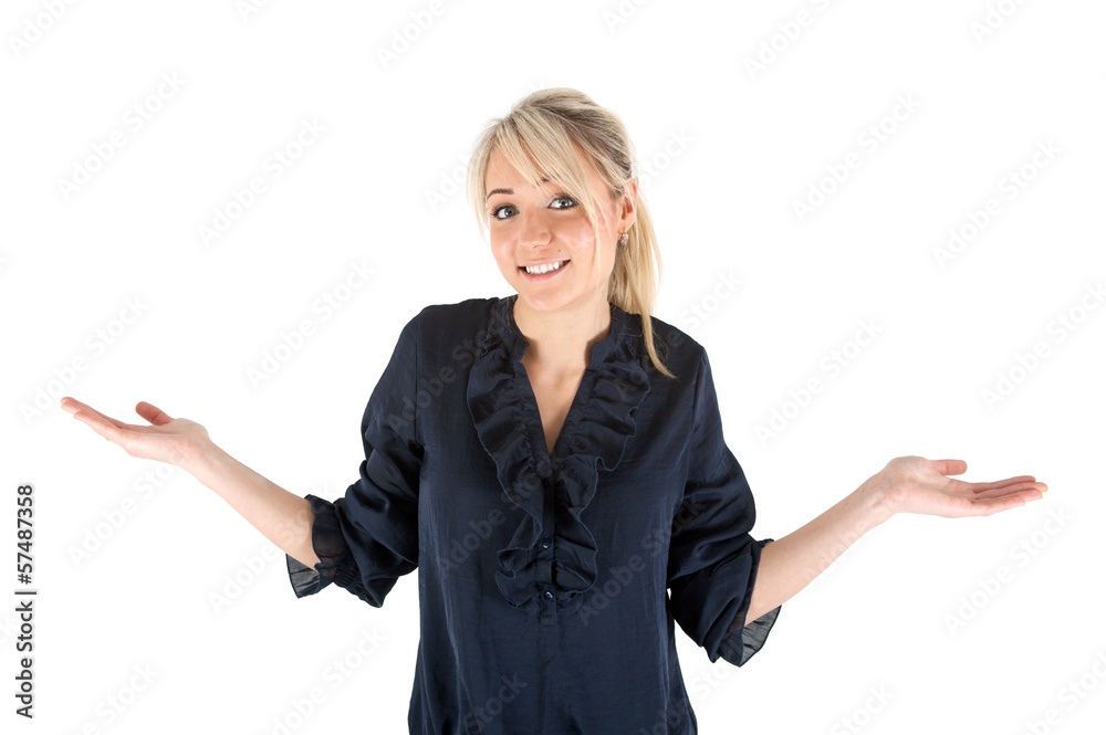 Frau zuckt mit den Schultern Stock-Foto | Adobe Stock