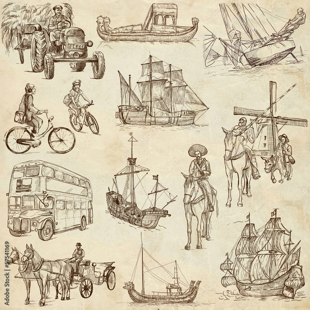 Transportation around the World 2 - full sized hand drawings Stock ...