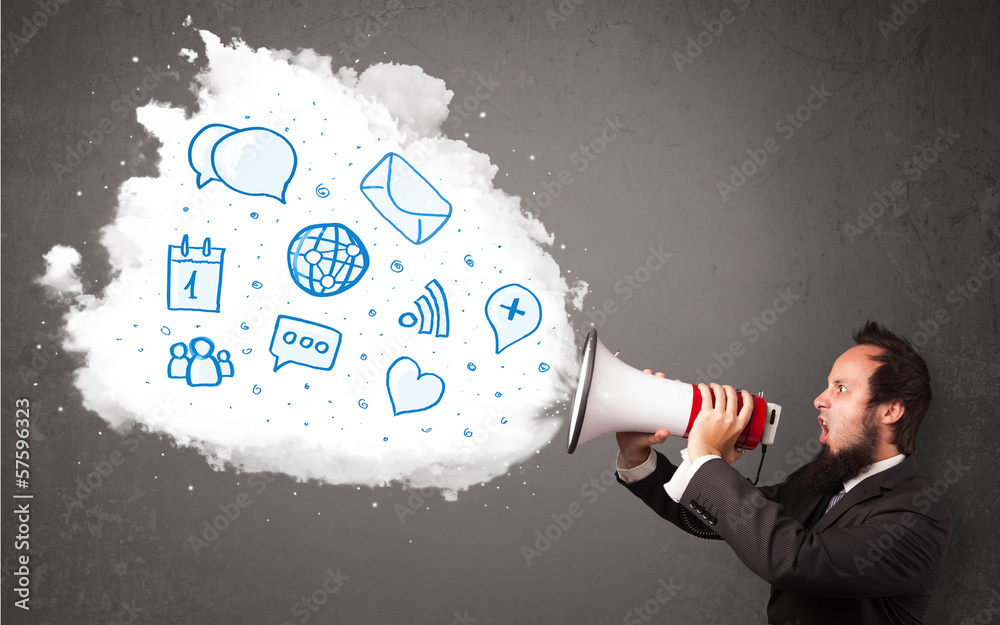 Man shouting into loudspeaker and modern blue icons and symbols Stock ...