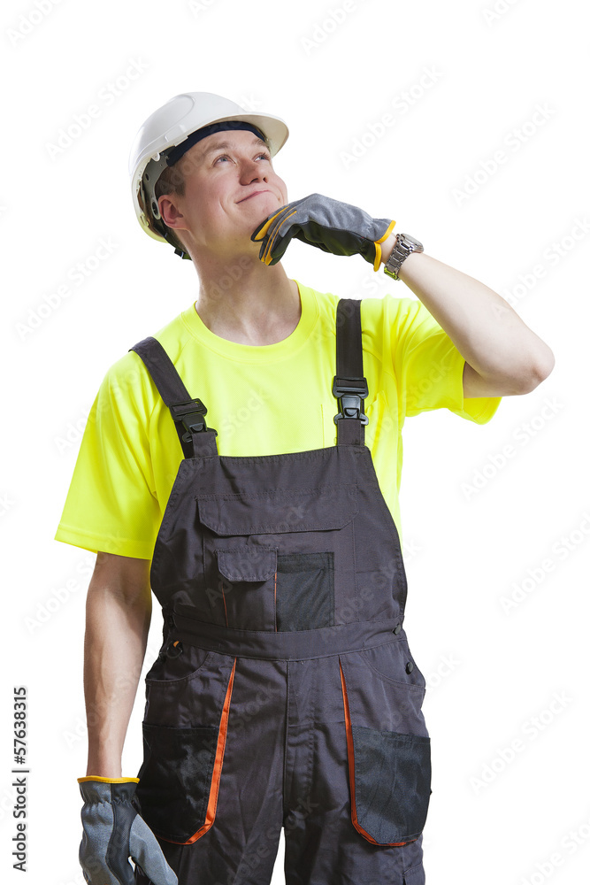 Confused construction worker looking up, isolated on white Stock Photo ...