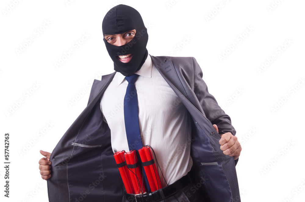 Terrorist with dynamite isolated on white Stock Photo | Adobe Stock