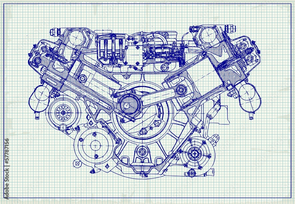 Drawing old engine on graph paper. Vector background. Stock Vector ...