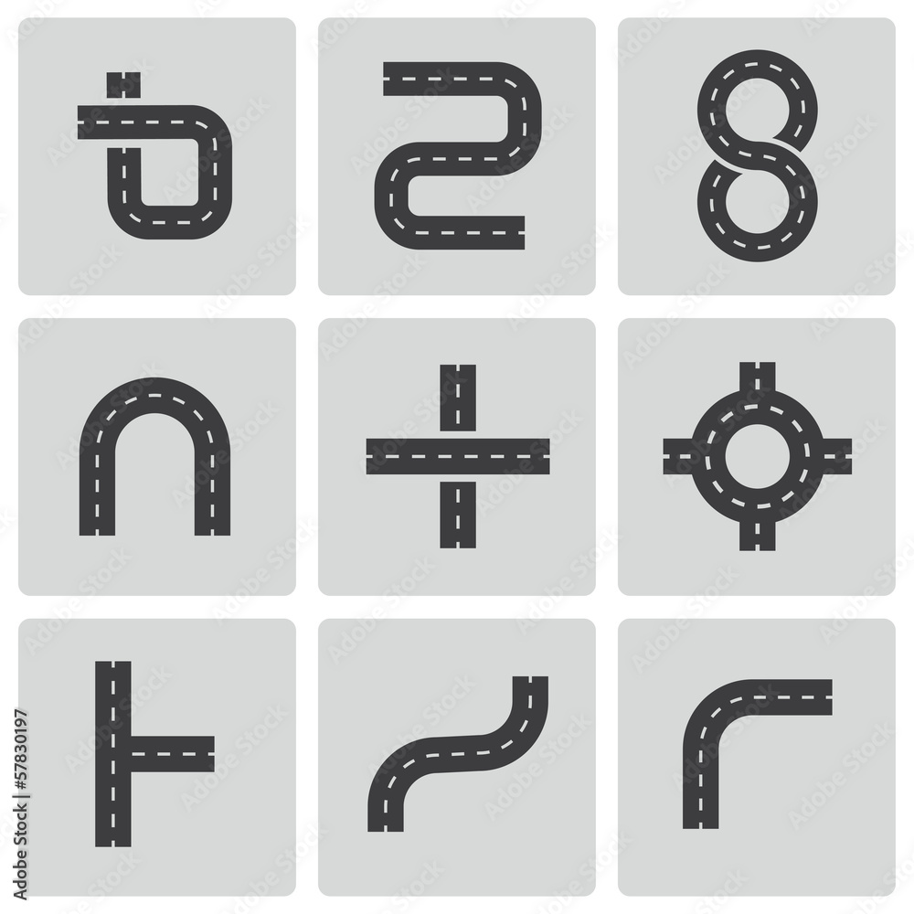 Vector black road elements icons set Stock Vector | Adobe Stock