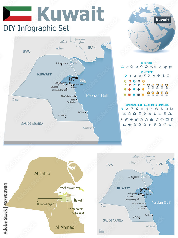 Kuwait maps with markers Stock Vector | Adobe Stock