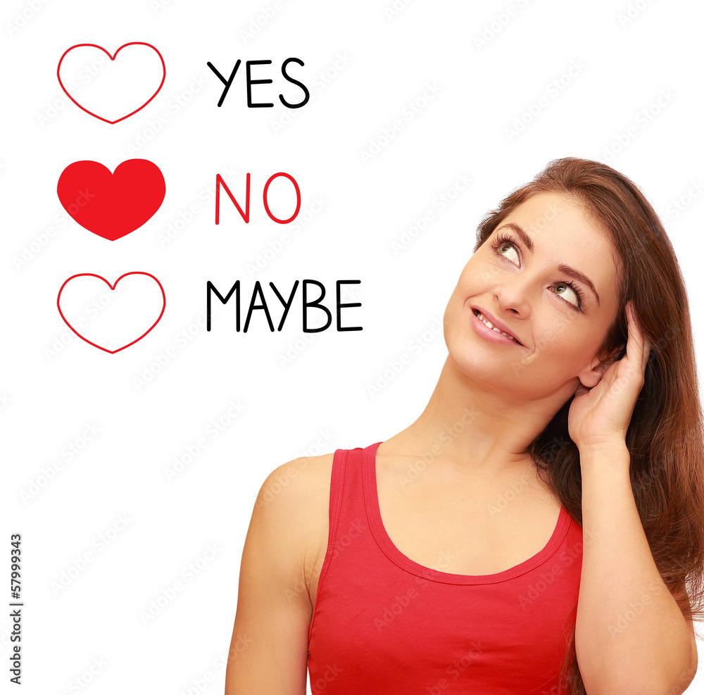 Romantic girl thinking about love and making no decision isolate Stock ...