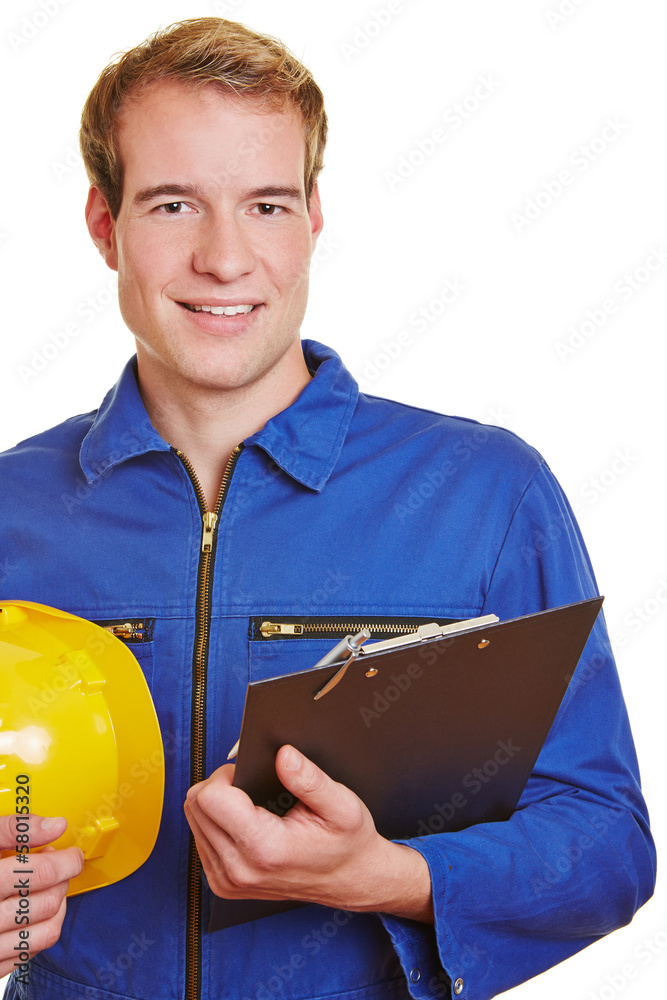 Bauarbeiter lächelt mit Klemmbrett Stock Photo | Adobe Stock
