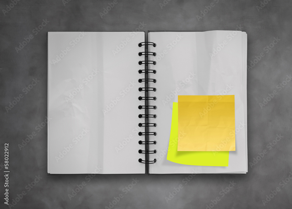 sticky notes with open blank note book on deak top texture Stock Photo ...