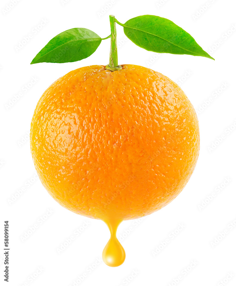 Isolated orange. One orange fruit with leaves and drop of juice ...