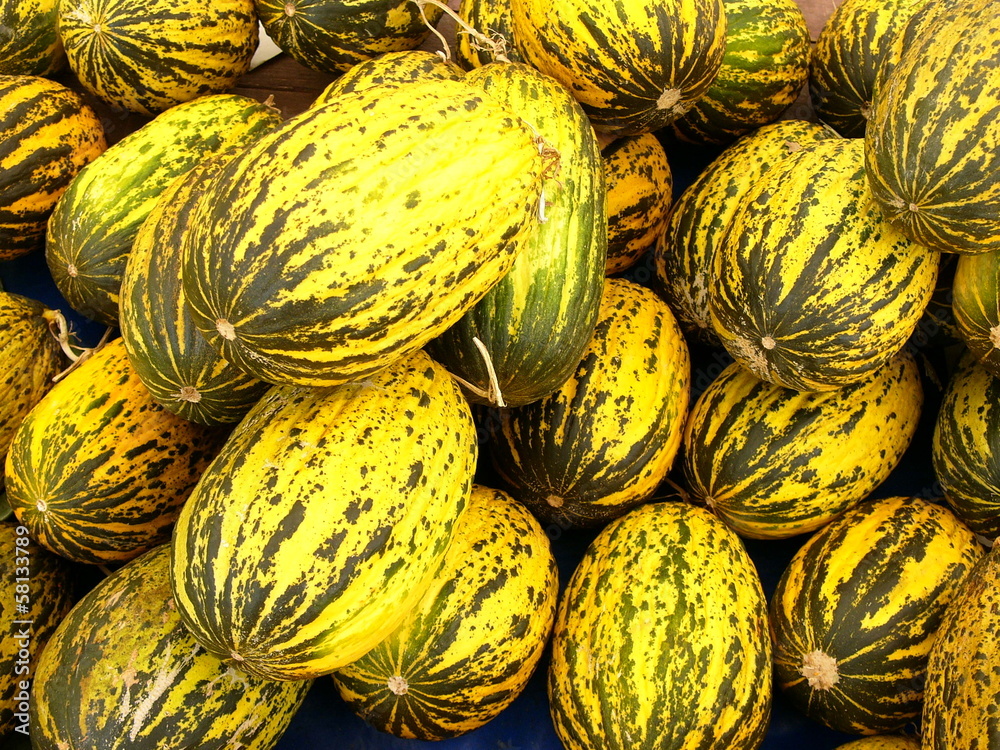 Frisch gelbe Honigmelonen mit gelben Streifen auf dem Basar und ...