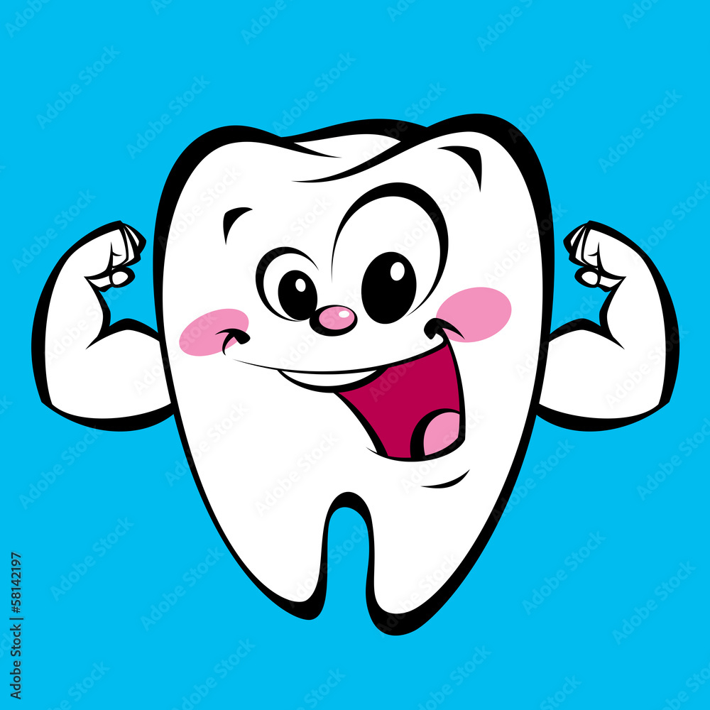 Happy cute cartoon strong tooth character making a power gesture Stock ...